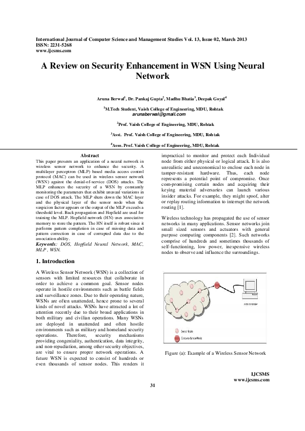 Pdf A Review On Security Enhancement In Wsn Using Neural Network