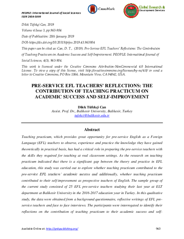 (PDF) Pre-Service Efl Teachers’ Reflections: The Contribution of Teaching Practicum on Academic ...