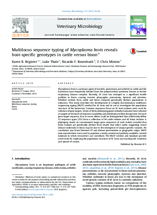 (PDF) Multilocus sequence typing of Mycoplasma bovis reveals host ...
