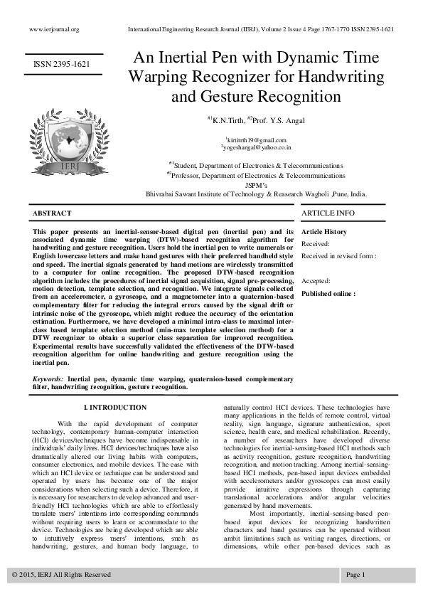Pdf An Inertial Pen With Dynamic Time Warping Recognizer For