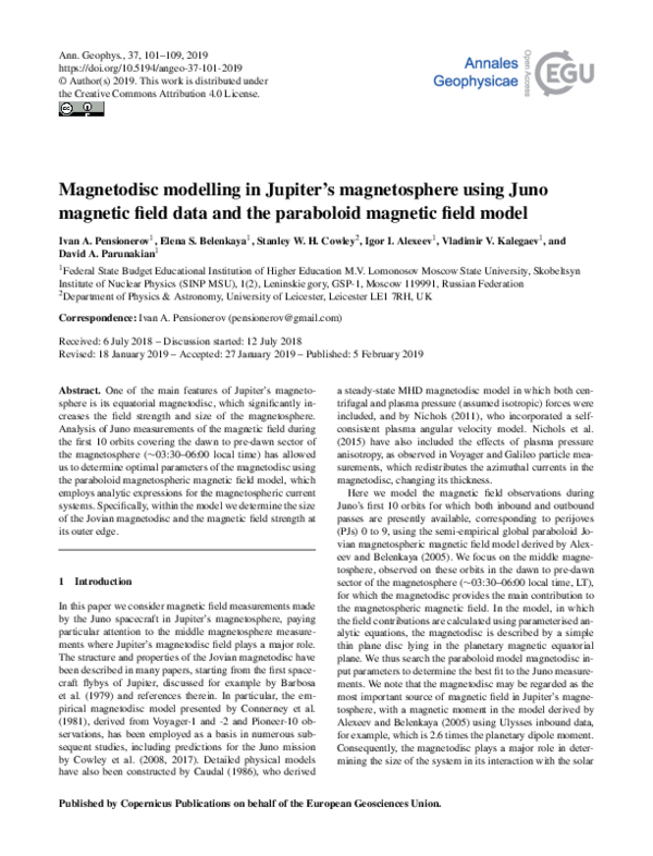 (PDF) Magnetodisc modelling in Jupiter's magnetosphere using Juno ...