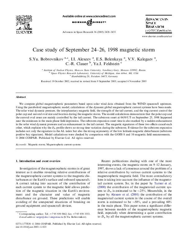 (PDF) Case study of September 24–26, 1998 magnetic storm