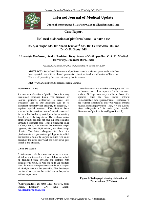 (PDF) Isolated dislocation of pisiform bone – a rare case
