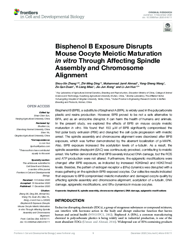 Bisphenol B Exposure Disrupts Mouse Oocyte Meiotic Maturation in vitro ...