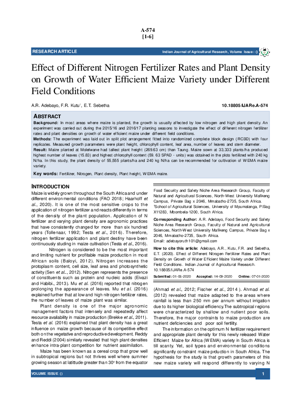 Pdf Effect Of Different Nitrogen Fertilizer Rates And Plant Density On Growth Of Water