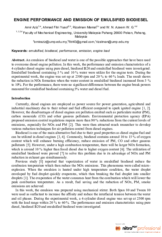 (PDF) Engine Performance and Emission of Emulsified Biodiesel