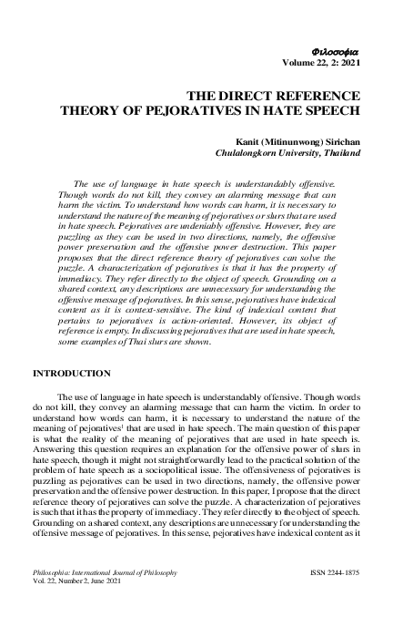 (PDF) THE DIRECT REFERENCE THEORY OF PEJORATIVES IN HATE SPEECH