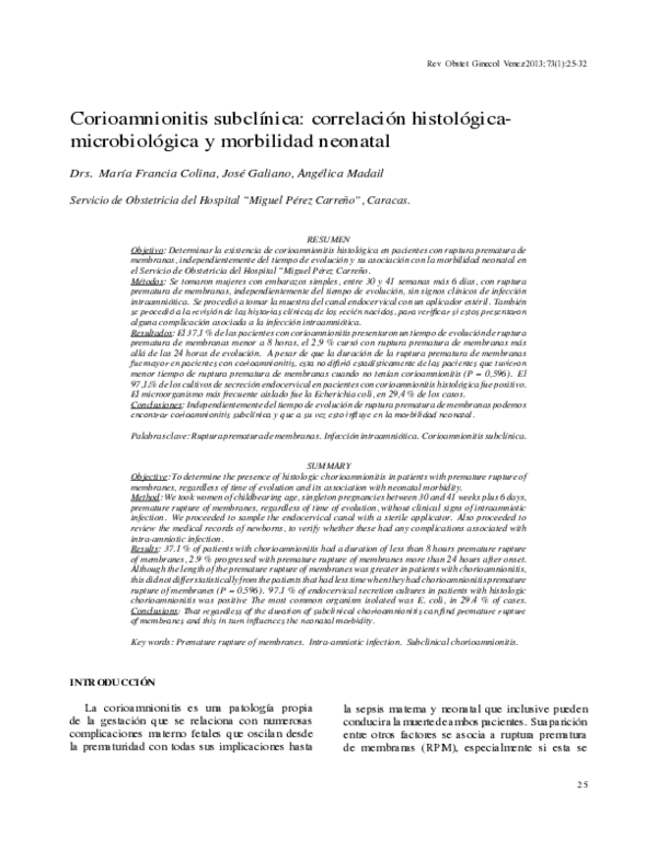(PDF) Corioamnionitis subclínica: correlación histológicamicrobiológica ...