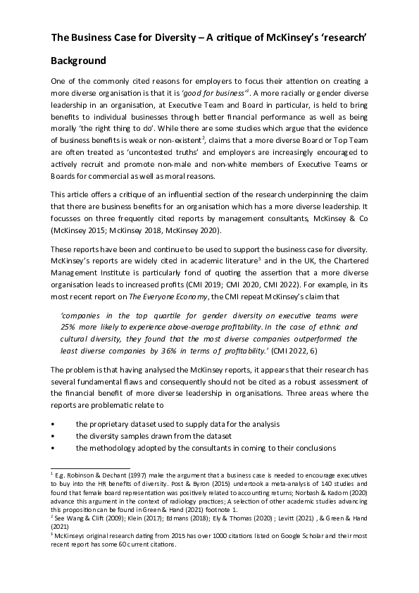 (DOC) The Business Case Diversity A Critique of McKinsey's Research.docx