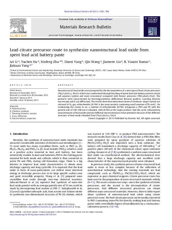 (PDF) Lead citrate precursor route to synthesize nanostructural lead ...