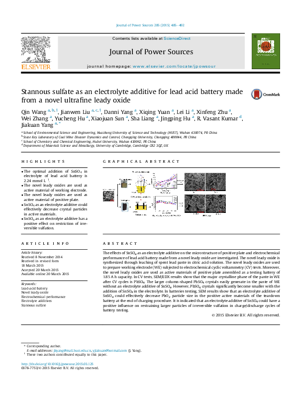 (PDF) Stannous sulfate as an electrolyte additive for lead acid battery ...
