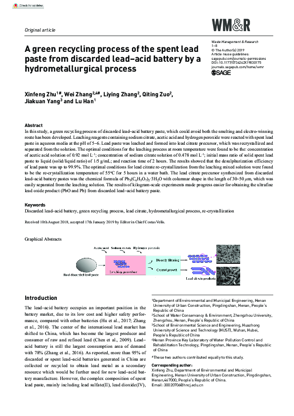 (PDF) A green recycling process of the spent lead paste from discarded ...