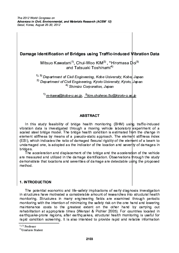 (PDF) Damage Identification of Bridges using Traffic-induced Vibration Data