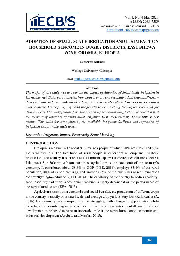 (PDF) Adoption of Small-Scale Irrigation and Its impact on Household’s Income in Dugda Districts ...