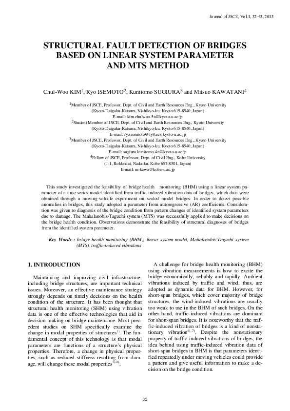 Pdf Structural Fault Detection Of Bridges Based On Linear System Parameter And Mts Method