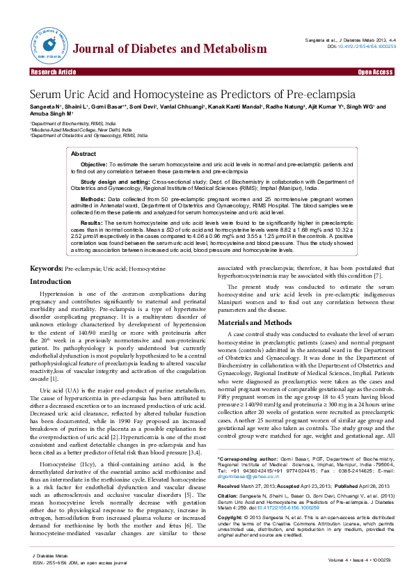 (PDF) Serum Uric Acid and Homocysteine as Predictors of Pre-eclampsia