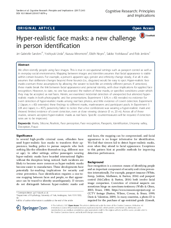 (PDF) Hyper-realistic face masks: a new challenge in person identification