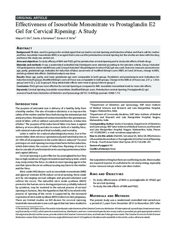 (PDF) Effectiveness of Isosorbide Mononitrate vs Prostaglandin E2 Gel ...