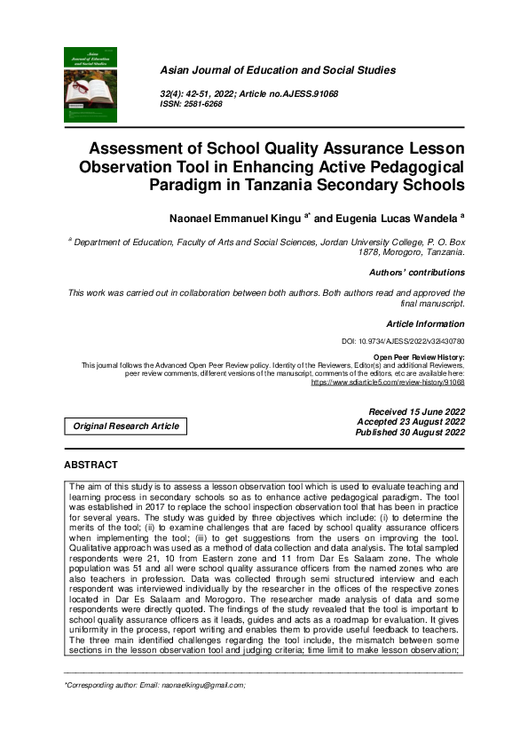 (PDF) Assessment of School Quality Assurance Lesson Observation Tool in ...