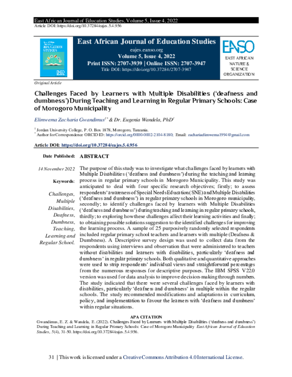 (PDF) Challenges Faced by Learners with Multiple Disabilities (‘deafness and dumbness’) During ...