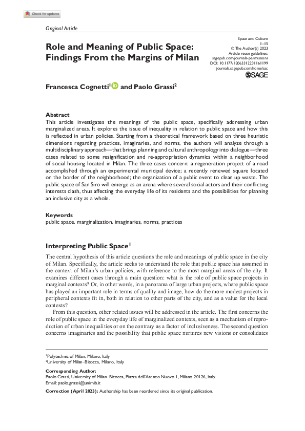 (PDF) Cognetti, F, Grassi, P., Role and Meaning of Public Space ...