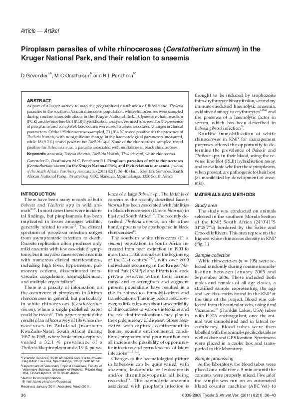 (PDF) Piroplasm parasites of white rhinoceroses (Ceratotherium simum ...