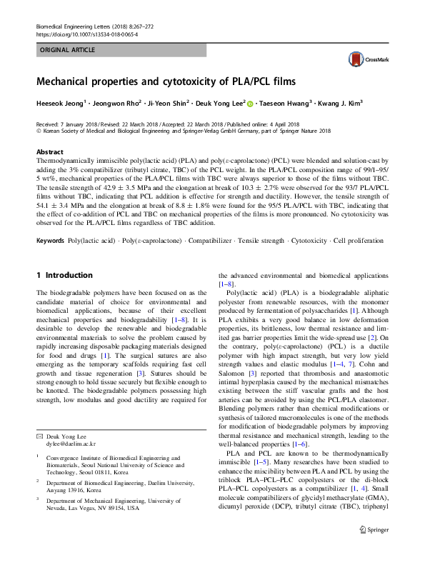 (PDF) Mechanical properties and cytotoxicity of PLA/PCL films