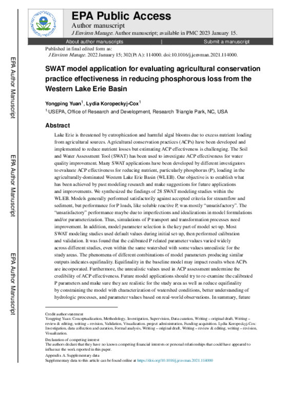 (PDF) SWAT model application for evaluating agricultural conservation practice effectiveness in ...
