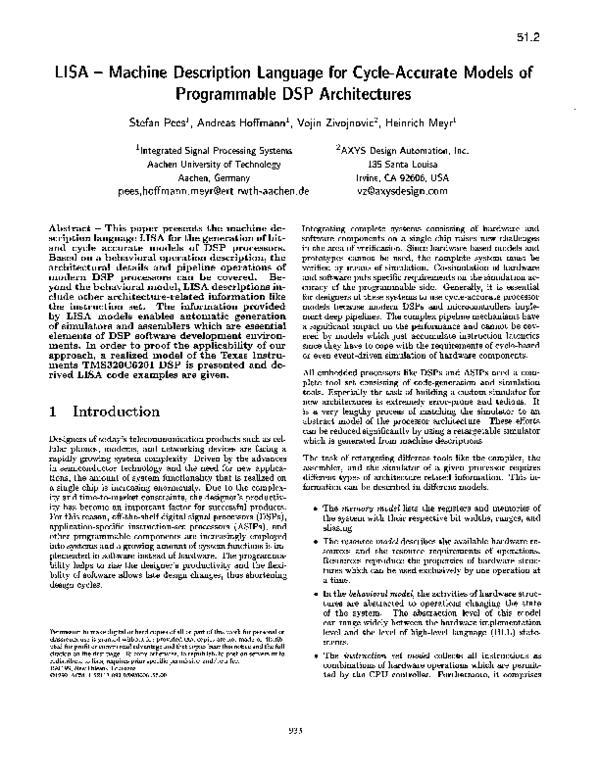 (PDF) LISA—machine description language for cycle-accurate models of programmable DSP architectures