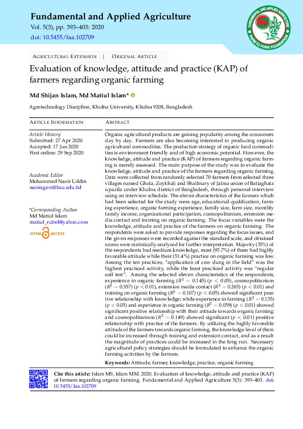 (PDF) Evaluation of knowledge, attitude and practice (KAP) of farmers regarding organic farming