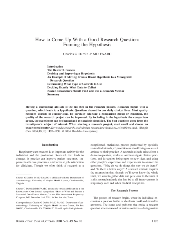 (PDF) How to come up with a good research question: framing the hypothesis