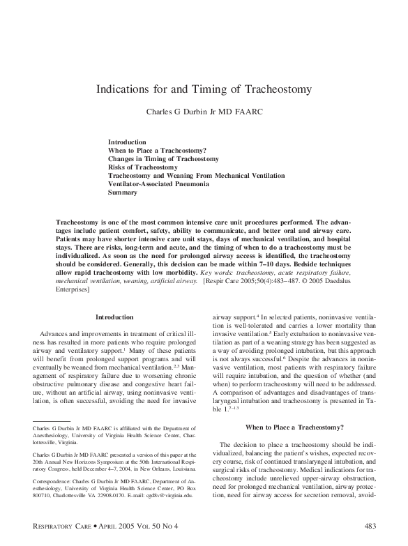 (PDF) Indications for and timing of tracheostomy