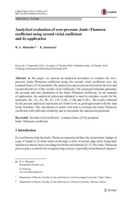 (PDF) Analytical evaluation of zero-pressure Joule–Thomson coefficient using second virial ...