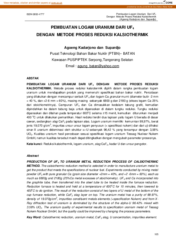 (PDF) Pembuatan Logam Uranium Dari UF4 Dengan Metode Proses Reduksi Kalsiothermik