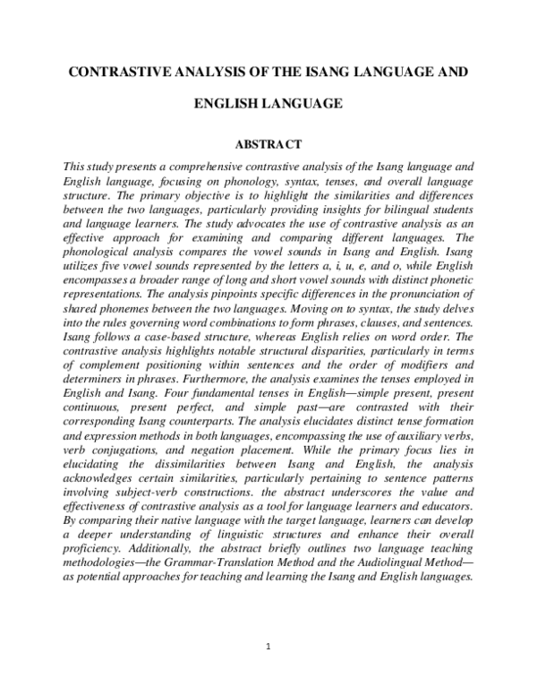 (PDF) CONTRASTIVE ANALYSIS OF THE ISANG LANGUAGE AND ENGLISH LANGUAGE