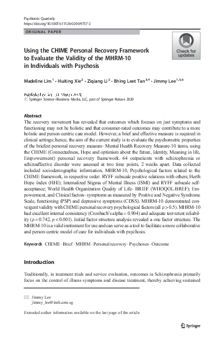 (PDF) Using the CHIME Personal Recovery Framework to Evaluate the Validity of the MHRM-10 in ...