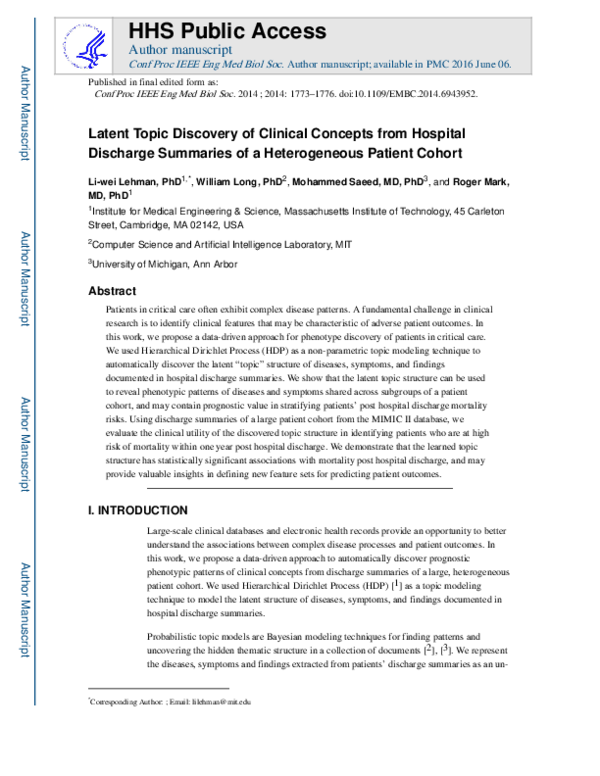 (PDF) Latent topic discovery of clinical concepts from hospital discharge summaries of a ...