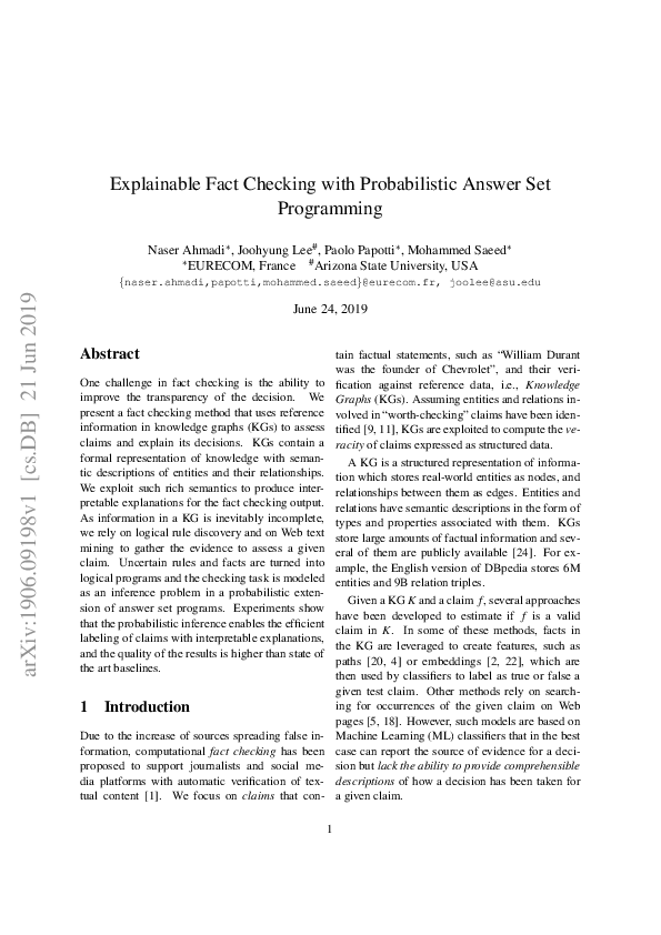 (PDF) Explainable Fact Checking with Probabilistic Answer Set Programming