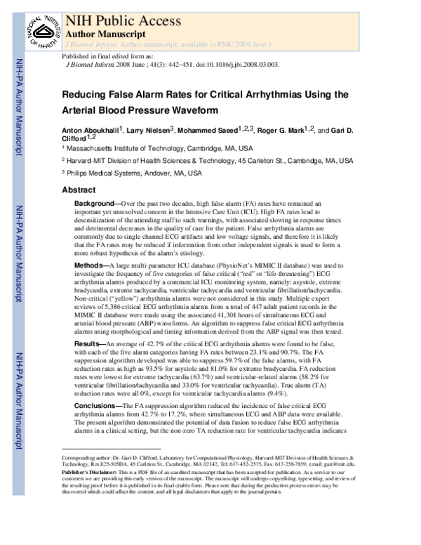 (PDF) Reducing false alarm rates for critical arrhythmias using the ...