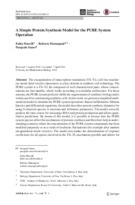 (PDF) A Simple Protein Synthesis Model for the PURE System Operation