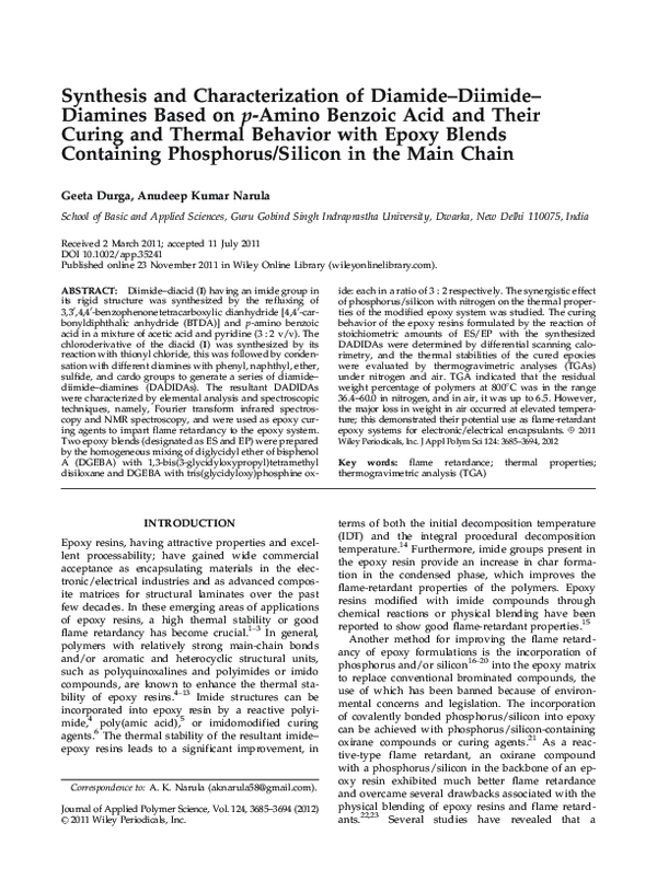 (PDF) Synthesis and characterization of diamide-diimide-diamines based ...
