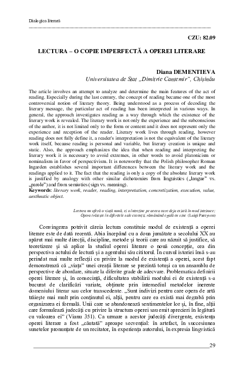 (PDF) LECTURA - O COPIE IMPERFECTĂ A OPEREI LITERARE (Reading – An ...