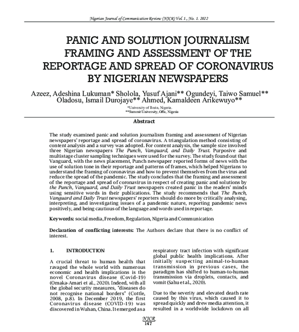 (PDF) PANIC AND SOLUTION JOURNALISM FRAMING AND ASSESSMENT OF THE ...