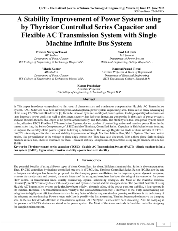 (PDF) A Stability Improvement of Power System using by Thyristor Controlled Series Capacitor and ...