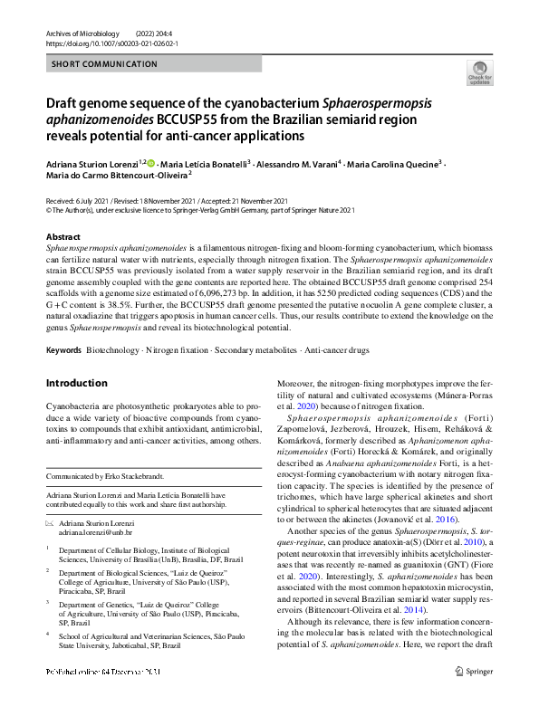 (PDF) Draft genome sequence of the cyanobacterium Sphaerospermopsis ...