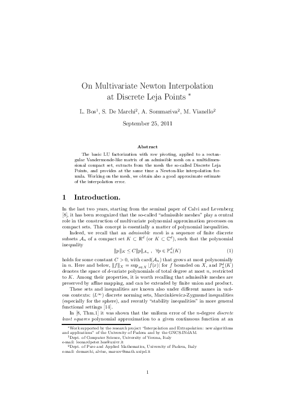 (PDF) On multivariate Newton interpolation at discrete Leja points