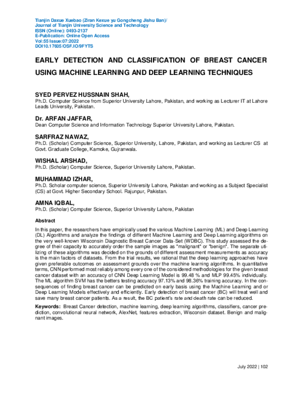 Pdf Early Detection And Classification Of Breast Cancer Using Machine