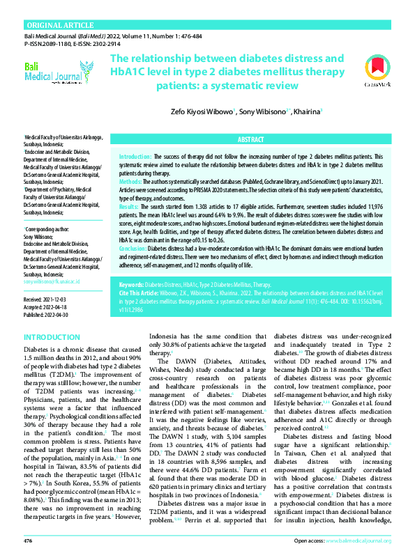 (PDF) The relationship between diabetes distress and HbA1C level in ...