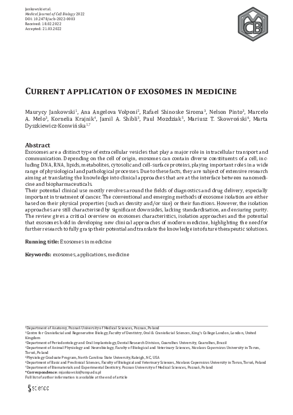 (PDF) Current application of exosomes in medicine