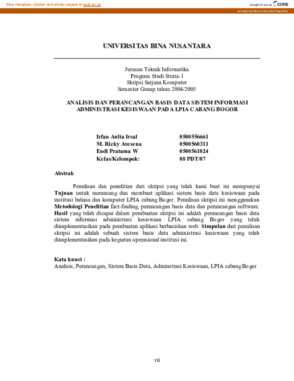 (PDF) Analisis Dan Perancangan Basis Data Sistem Informasi Administrasi Kesiswaan Pada Lpia ...